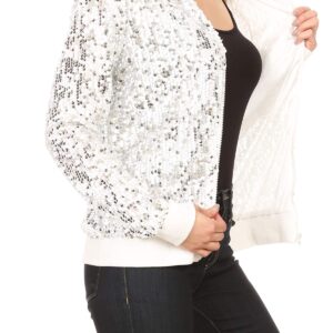 Anna-Kaci Womens Sequin Jacket Bomber Coat 1989 Slitter Outfit For Concert Party, Silver, Large