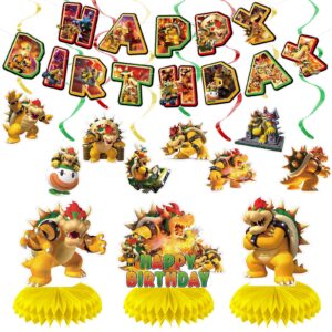 mario bowser birthday party decorations, include banner,hanging swirls and table decorations honeycomb centerpieces for cartoon bowser party supplies.