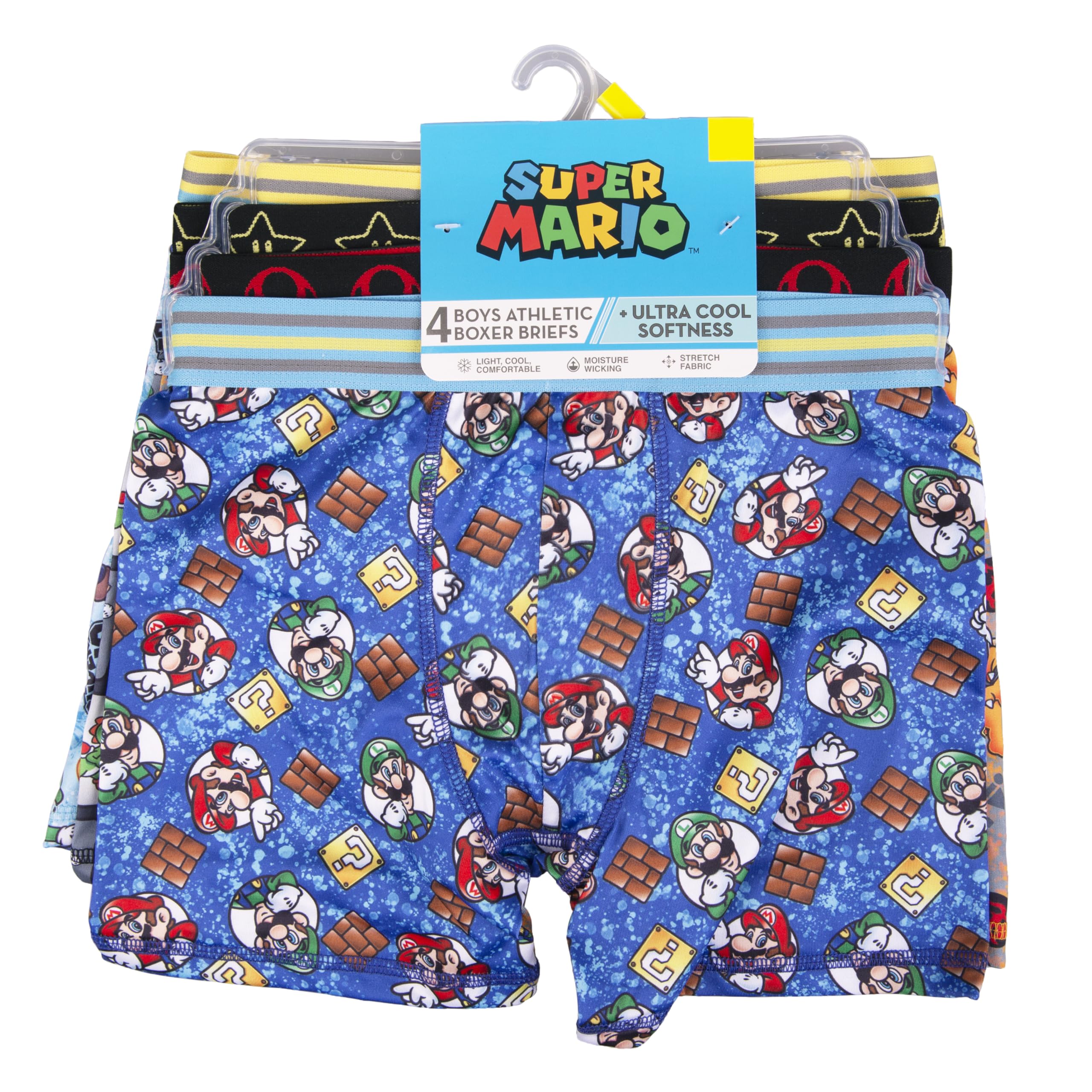 Nintendo Super Mario Athletic Boxer Briefs with Mario, Luigi, Toad, Yoshi, Peach & Bowser, Sizes 4, 6, 8, 10 and 12