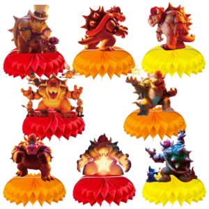 8pcs bowser birthday party supplies, mario bowser theme table decorations, honeycomb centerpieces 3d double side for mario bowser fans boys girls