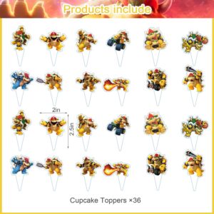 37pcs Bowser Cake Decorations with 1pcs Bowser Cake Topper, 36pcs Cute Cartoon Cupcake Toppers for Girls Birthday Party Decorations