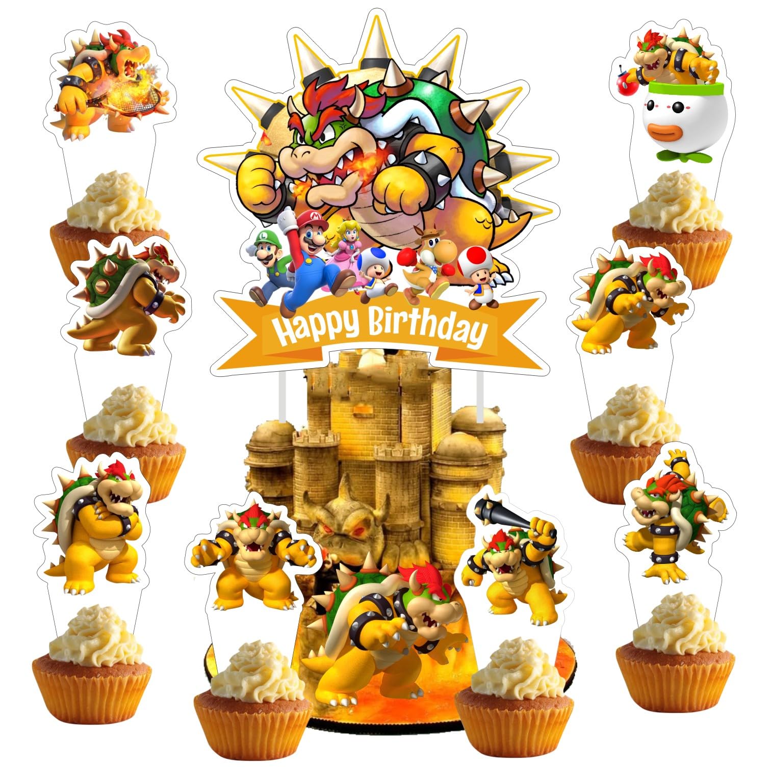 25 Pcs Bowser Cake Decorations with 24pcs Cupcake Toppers, 1pcs Cake Topper for Mario Birthday Party Supplies