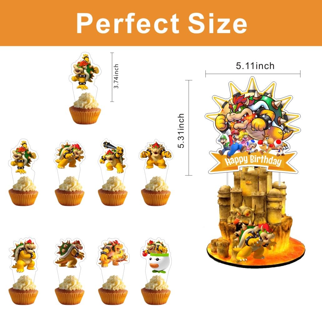 25 Pcs Bowser Cake Decorations with 24pcs Cupcake Toppers, 1pcs Cake Topper for Mario Birthday Party Supplies