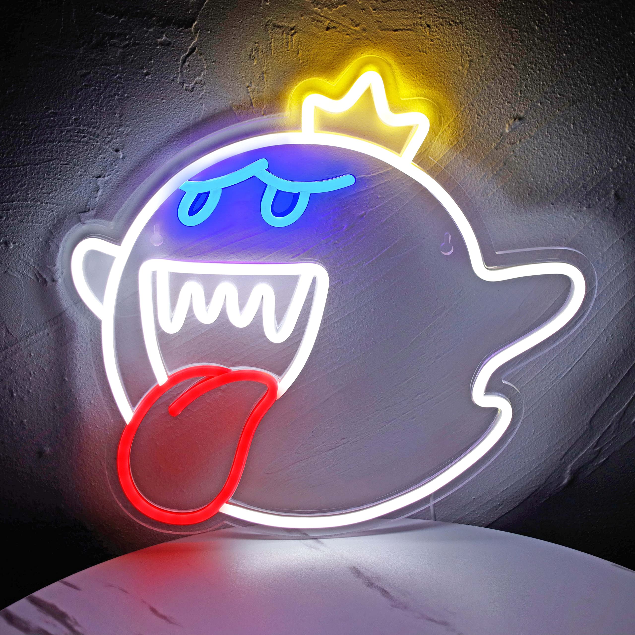 JOSEBRU Neon Sign King Boo The Ghost Face LED Neon Light Mario Lamp Acrylic Sign for Game Room Decor Gaming Light Accessory Gifts for Boy Room Decor (White)