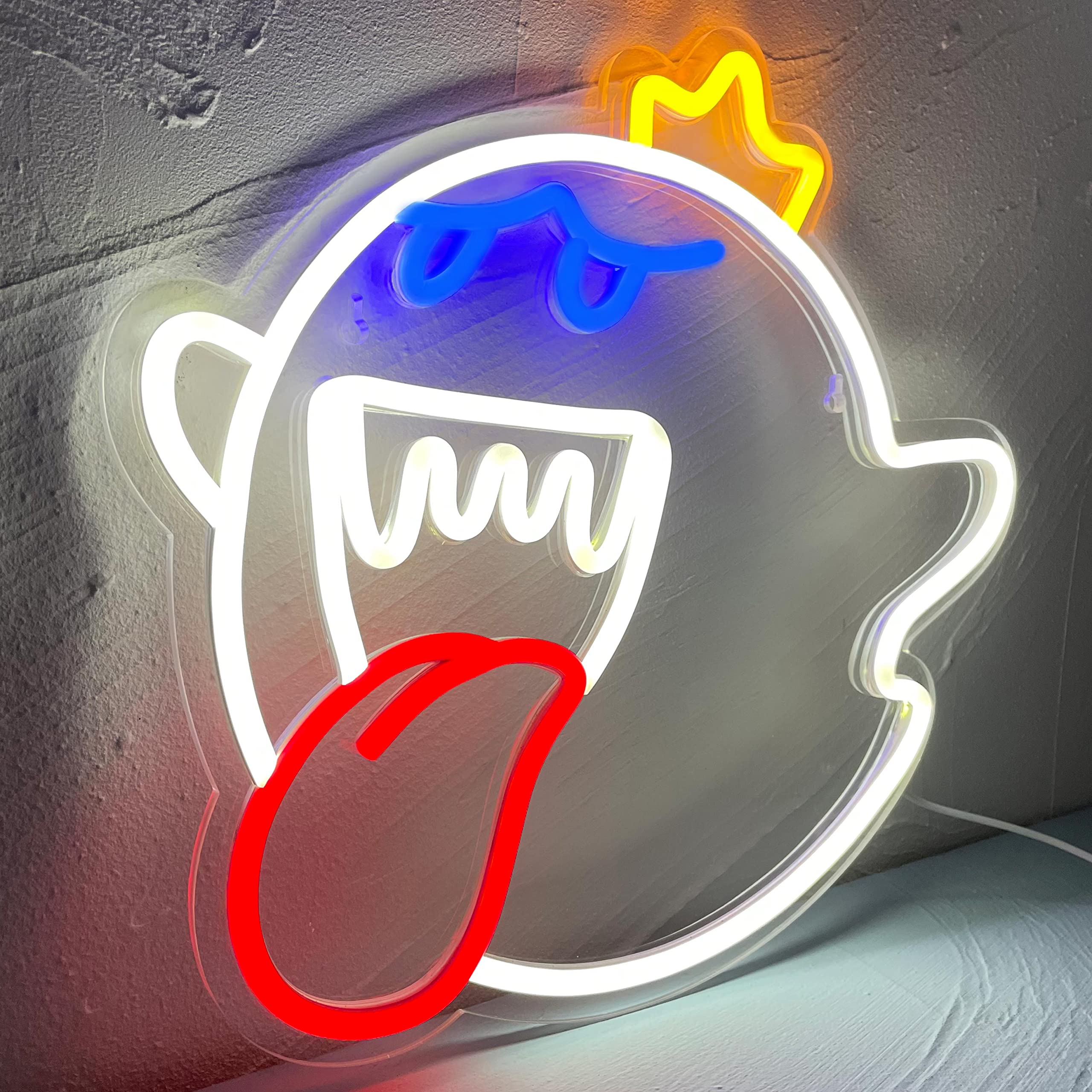 JOSEBRU Neon Sign King Boo The Ghost Face LED Neon Light Mario Lamp Acrylic Sign for Game Room Decor Gaming Light Accessory Gifts for Boy Room Decor (White)