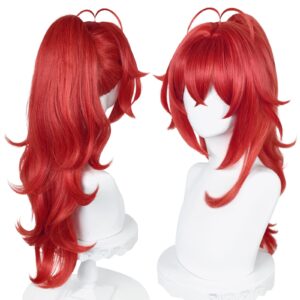 sl red ponytail wig for diluc cosplay wig anime long curly fluffy pigtail wigs with bangs for halloween party + cap (red)