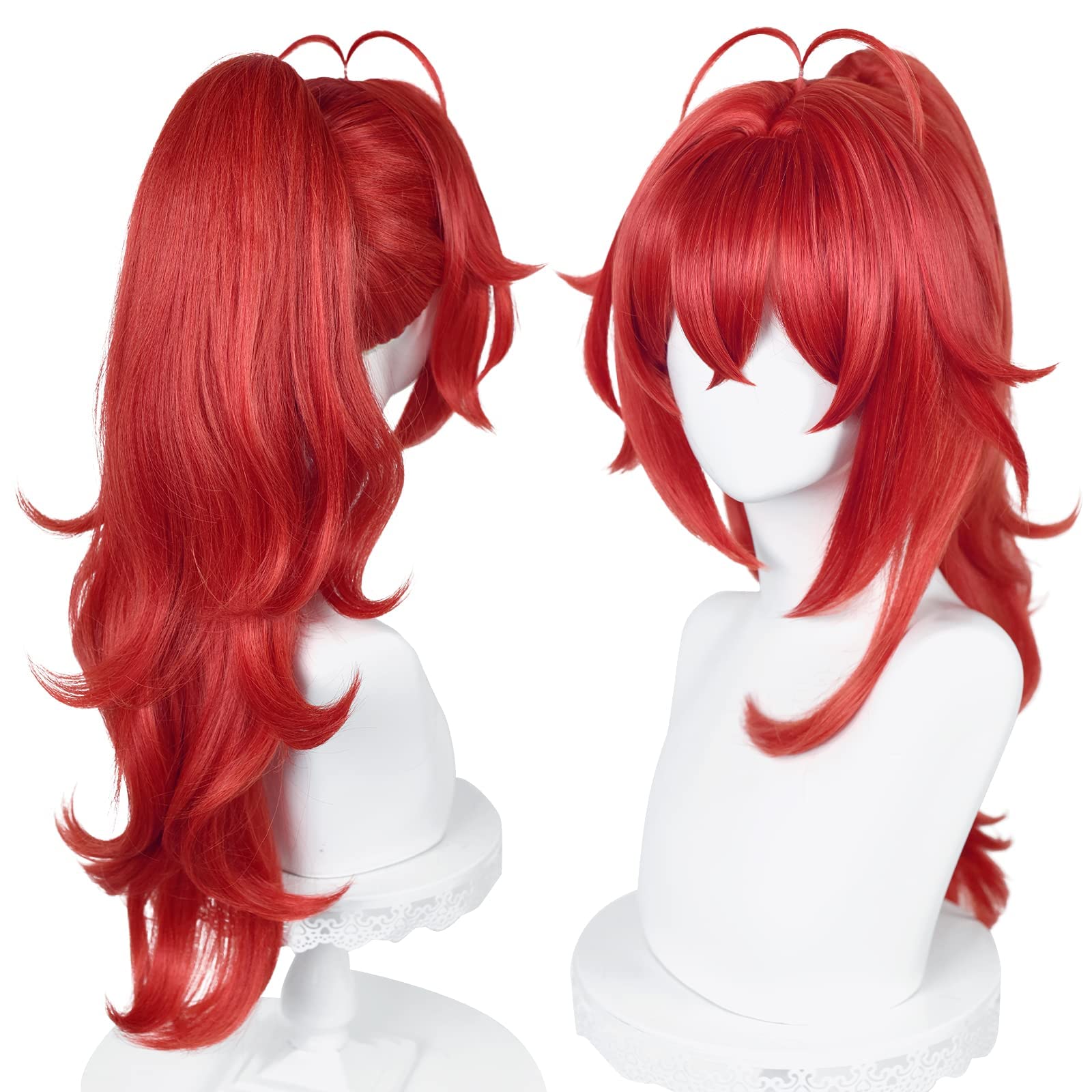 SL Red Ponytail Wig for Diluc Cosplay Wig Anime Long Curly Fluffy Pigtail Wigs with Bangs for Halloween Party + Cap (Red)