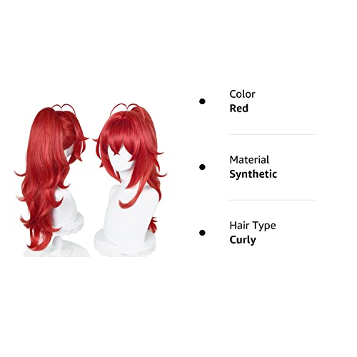 SL Red Ponytail Wig for Diluc Cosplay Wig Anime Long Curly Fluffy Pigtail Wigs with Bangs for Halloween Party + Cap (Red)