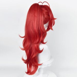 SL Red Ponytail Wig for Diluc Cosplay Wig Anime Long Curly Fluffy Pigtail Wigs with Bangs for Halloween Party + Cap (Red)