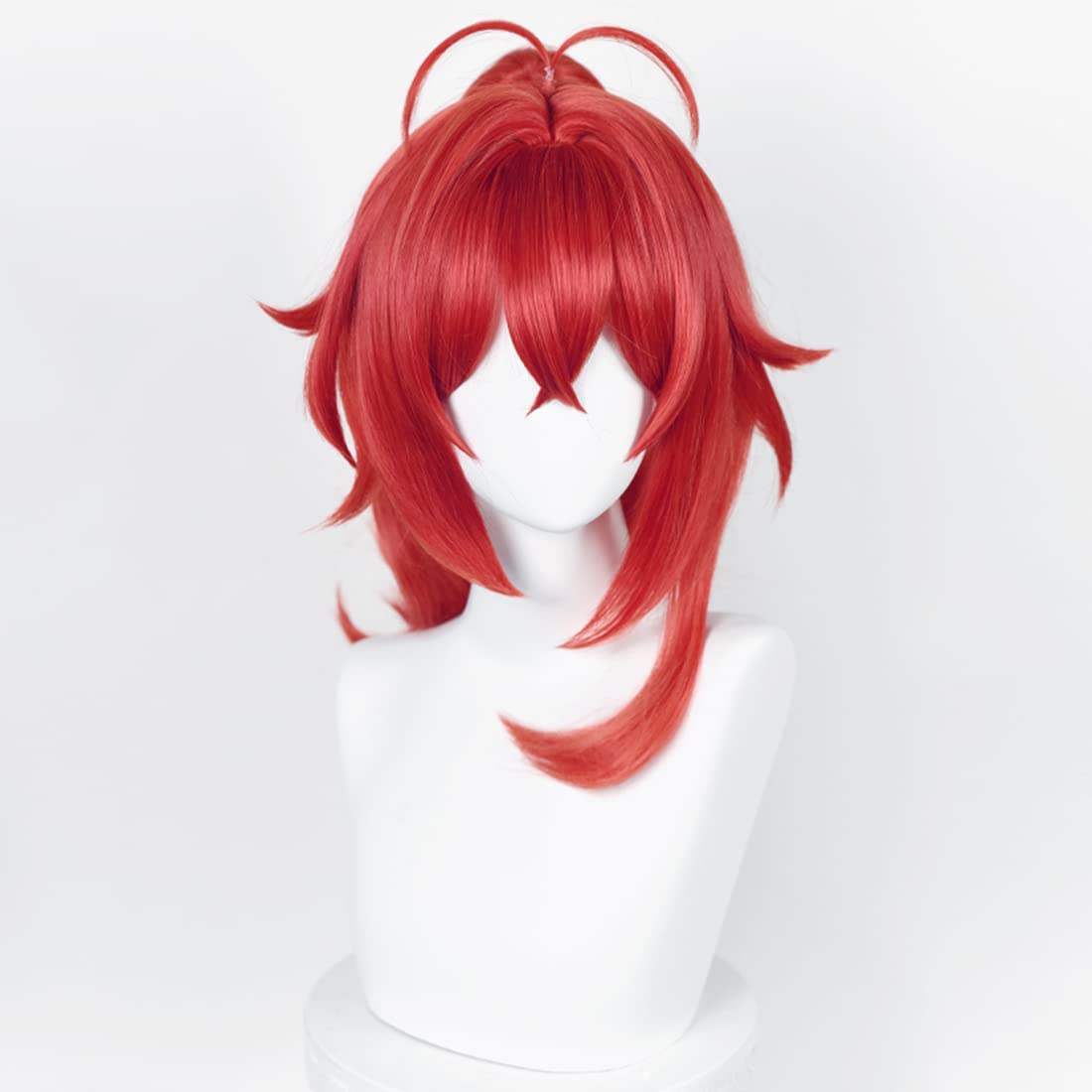 SL Red Ponytail Wig for Diluc Cosplay Wig Anime Long Curly Fluffy Pigtail Wigs with Bangs for Halloween Party + Cap (Red)