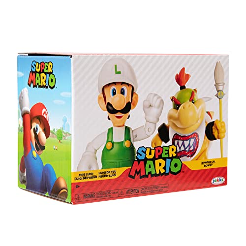 Super Mario Nintendo 4 Inch Action Figure 2-Pack: Fire Luigi & Bowser Jr. with Accessories