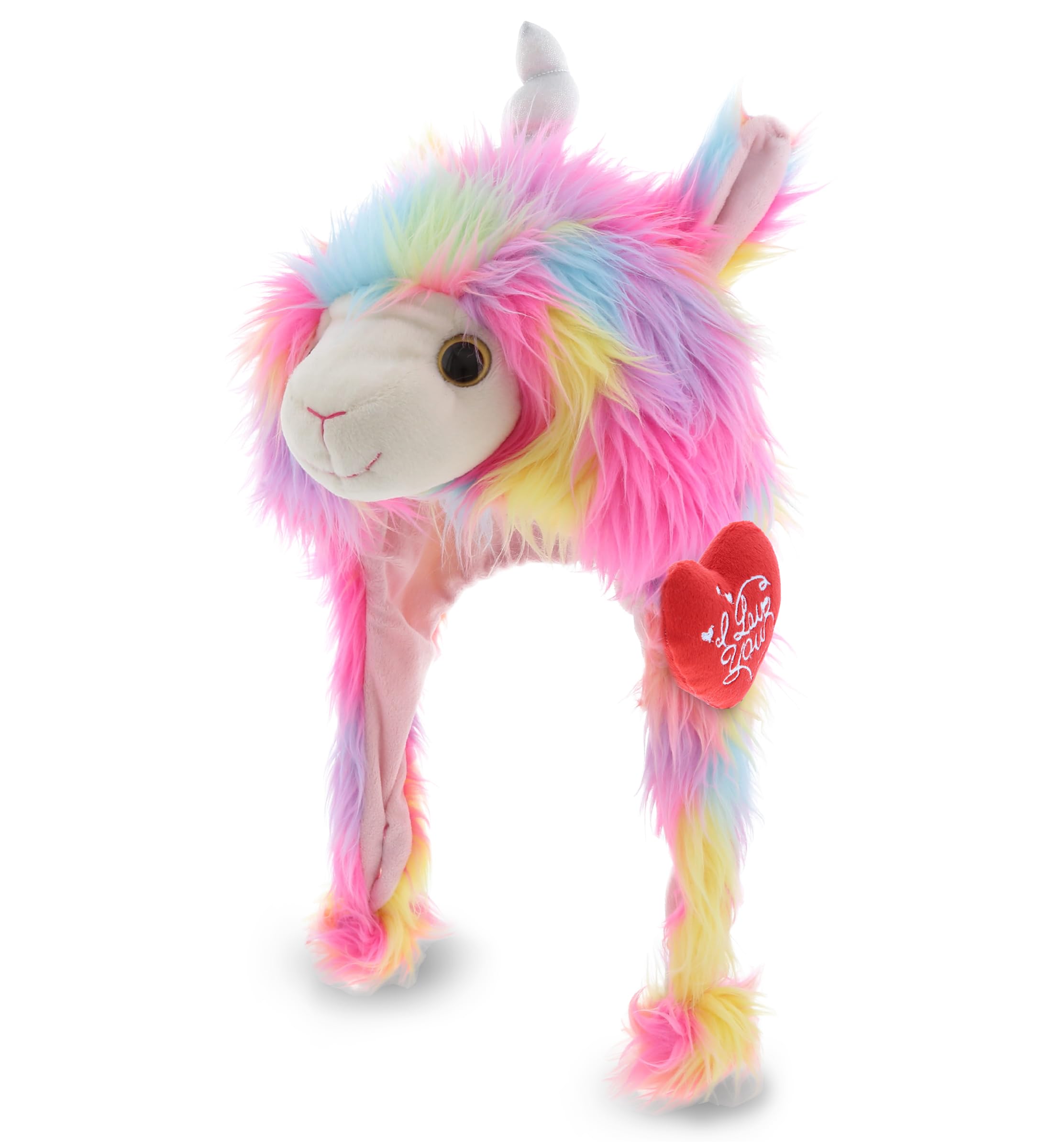 DolliBu I Love You Valentine Plush Rainbow Llamacorn Hat - Cute Stuffed Animal with Red Heart and Name Personalization Gift