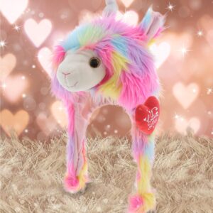 DolliBu I Love You Valentine Plush Rainbow Llamacorn Hat - Cute Stuffed Animal with Red Heart and Name Personalization Gift