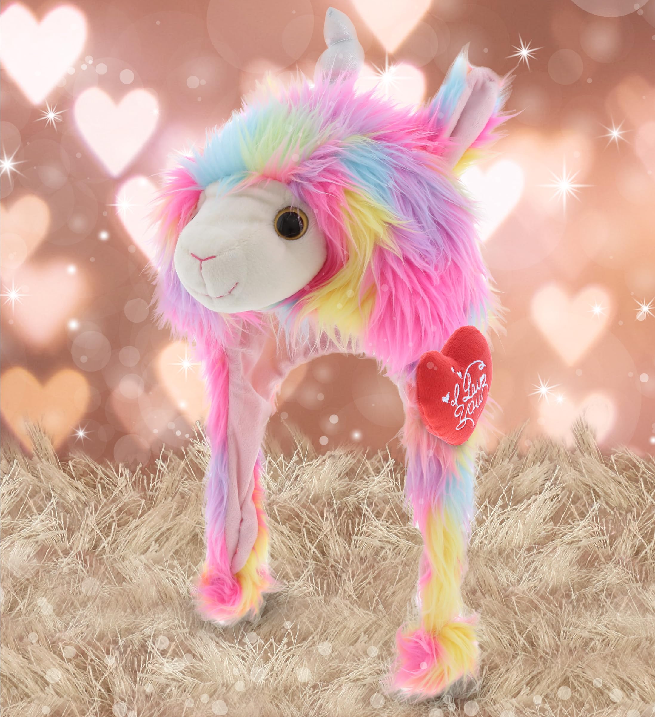 DolliBu I Love You Valentine Plush Rainbow Llamacorn Hat - Cute Stuffed Animal with Red Heart and Name Personalization Gift