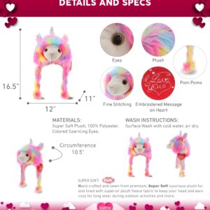 DolliBu I Love You Valentine Plush Rainbow Llamacorn Hat - Cute Stuffed Animal with Red Heart and Name Personalization Gift