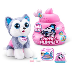 pets alive pooping puppies (husky) by zuru surprise puppy plush, ultra soft plushies, interactive toy pets, electronic pet puppy for girls and children