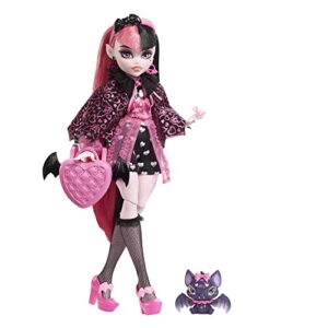 monster high doll, draculaura with pink & black hair in signature look with fashion accessories & pet bat count fabulous