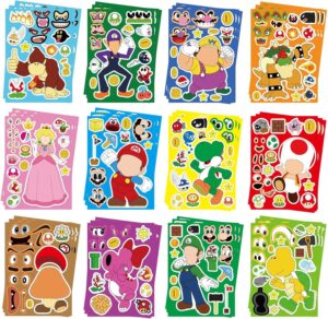 36pcs mario make a face stickers, diy mario party supplies favors make your own stickers mixed and matched with different designs characters for birthday gifts class reward book decor