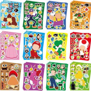 36PCS Mario Make a Face Stickers, DIY Mario Party Supplies Favors Make Your Own Stickers Mixed and Matched with Different Designs Characters for Birthday Gifts Class Reward Book Decor