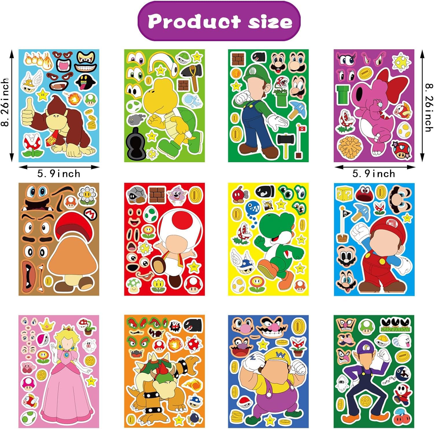 36PCS Mario Make a Face Stickers, DIY Mario Party Supplies Favors Make Your Own Stickers Mixed and Matched with Different Designs Characters for Birthday Gifts Class Reward Book Decor