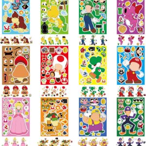 36PCS Mario Make a Face Stickers, DIY Mario Party Supplies Favors Make Your Own Stickers Mixed and Matched with Different Designs Characters for Birthday Gifts Class Reward Book Decor