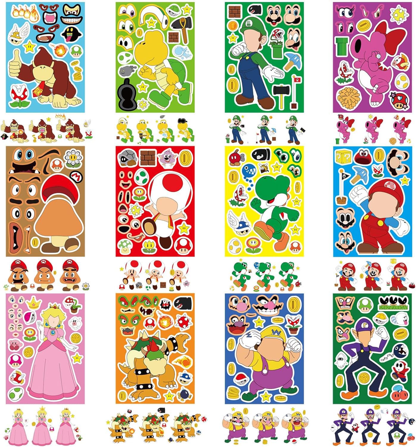 36PCS Mario Make a Face Stickers, DIY Mario Party Supplies Favors Make Your Own Stickers Mixed and Matched with Different Designs Characters for Birthday Gifts Class Reward Book Decor