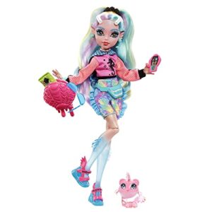 monster high lagoona blue fashion doll with colorful streaked hair, signature look, accessories & pet piranha