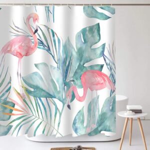 tititex tropical pink flamingo shower curtain with hooks, teal palm leaves modern style waterproof fabric bathroom decor set 71x71 inch