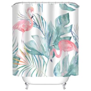 Tititex Tropical Pink Flamingo Shower Curtain with Hooks, Teal Palm Leaves Modern Style Waterproof Fabric Bathroom Decor Set 71X71 Inch