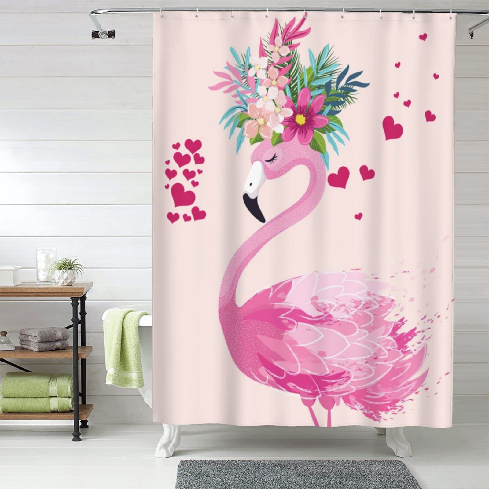 Xgidkew Funny Flamingos Shower Curtain Farmhouse Rustic Pink Flamingos Shower Curtain Cute Flamingos Love Bathroom Decor Shower Curtain with Hooks Waterproof Fabric 60x72Inch