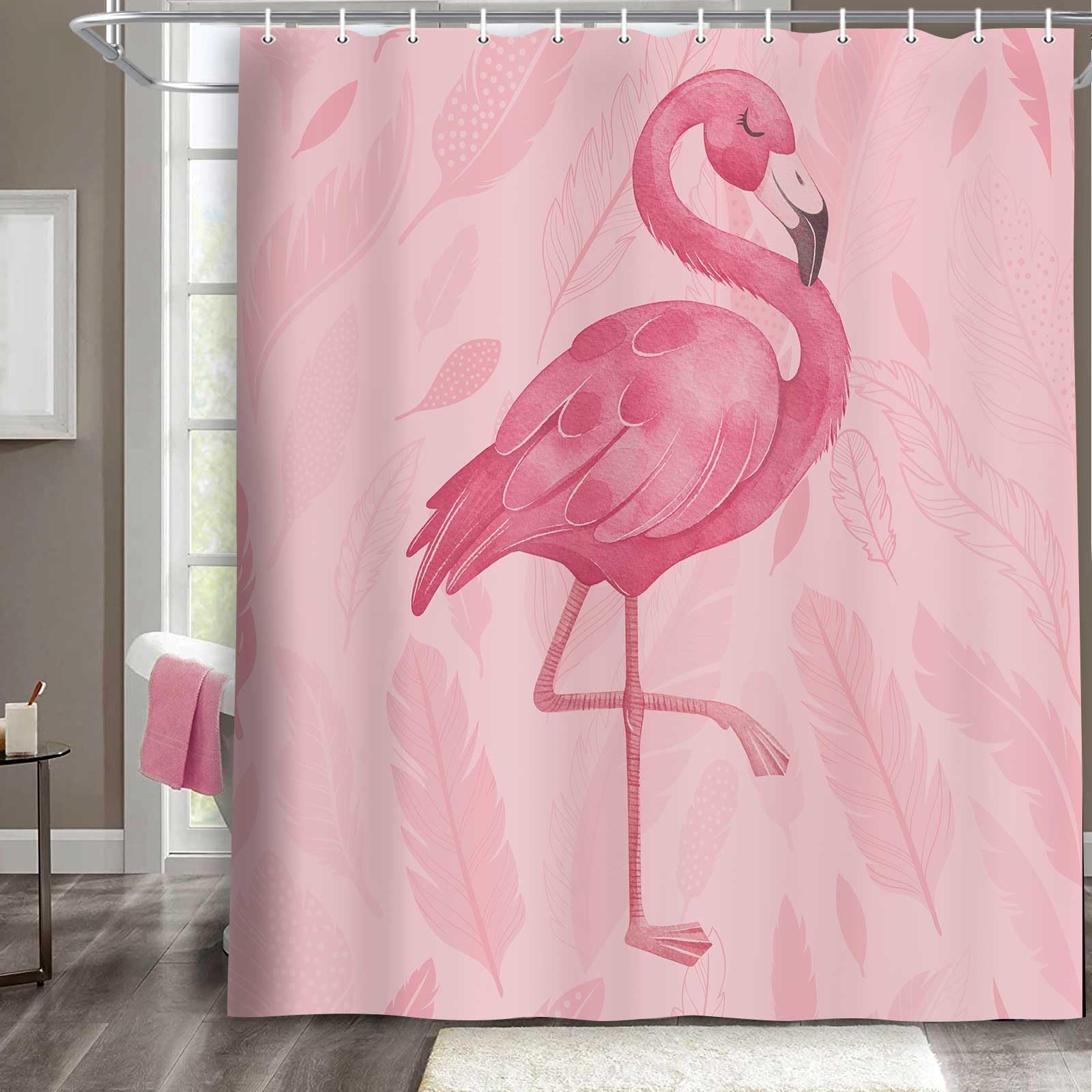 Pink Shower Curtain, Cute Flamingo Shower Curtains, Modern Art Boho Bath Curtains, Pink Bathroom Accessories Set 71x71 Inches