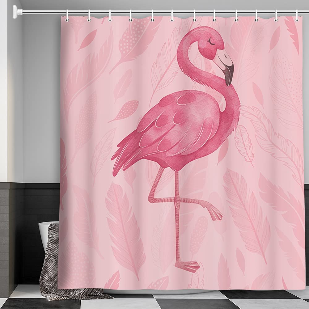 Pink Shower Curtain, Cute Flamingo Shower Curtains, Modern Art Boho Bath Curtains, Pink Bathroom Accessories Set 71x71 Inches