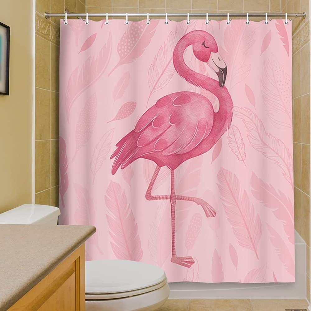 Pink Shower Curtain, Cute Flamingo Shower Curtains, Modern Art Boho Bath Curtains, Pink Bathroom Accessories Set 71x71 Inches