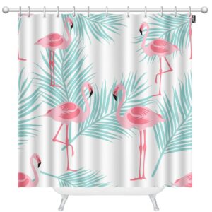 mugod pink flamingo shower curtains seamless pattern flamingo standing on tropical leaves and white background decorative bathroom waterproof fabric shower curtain with 12 hooks 60 x 72 inches