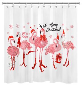 hvest pink christmas flamingo shower curtain 72x72 inches with 12 hooks snowflake happy tropical bird family with santa hat merry christmas curtains polyester fabric for kids bathroom