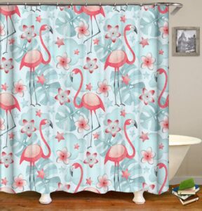 tjz home flamingo shower curtains fabric, pink flamingo, gray-blue palm leaf background decoration design polyester cloth print bathroom curtains include hooks set 72〃w by 72〃l (s2825)