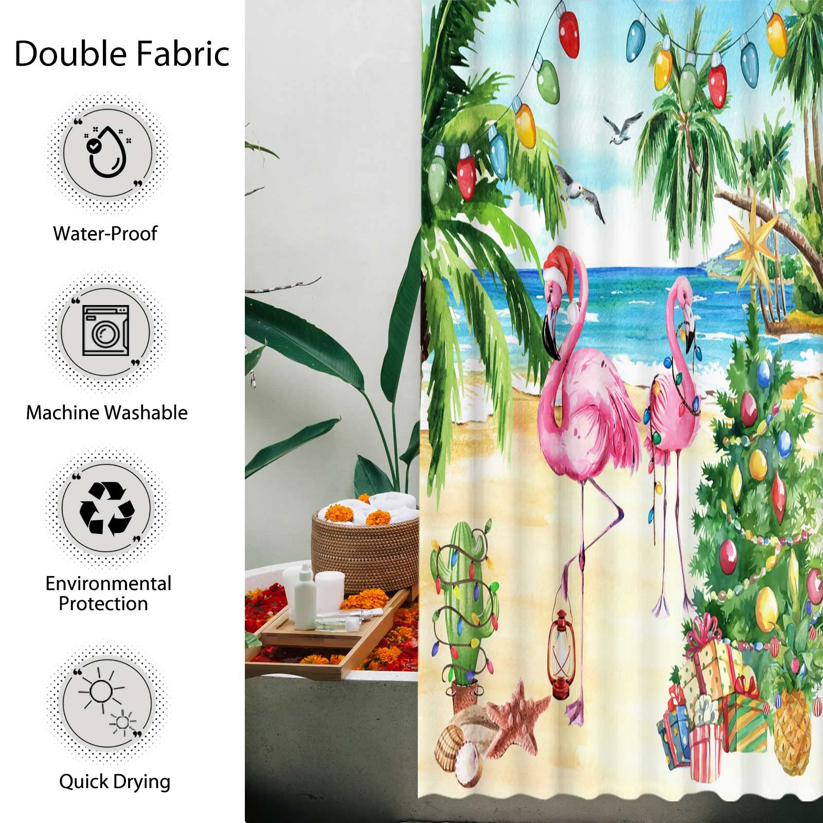 Allenjoy 72" x 72" Pink Christmas Flamingo Shower Curtain Set with Hooks Tropical Beach Themed Funny Summer Xmas New Year Holiday Home Farmhouse Bathroom Bathtubs Decor Washable Durable Fabric