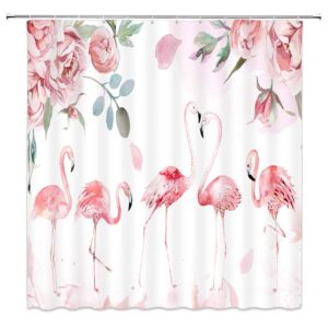 flamingo shower curtain rose flower birds animal watercolor art romantic pink white blush bathroom curtains decor polyester fabric include hooks,(70" wx70 h)