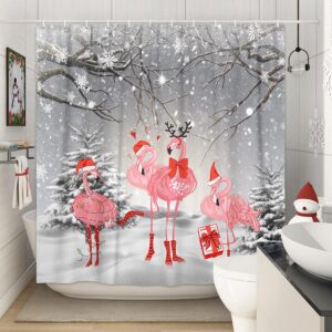 christmas flamingo shower curtain, pink flamingos wear santa hat funny xmas decor shower curtain for bathroom, winter snowflake waterproof polyester fabric bath curtain with hooks, 72x72 inches