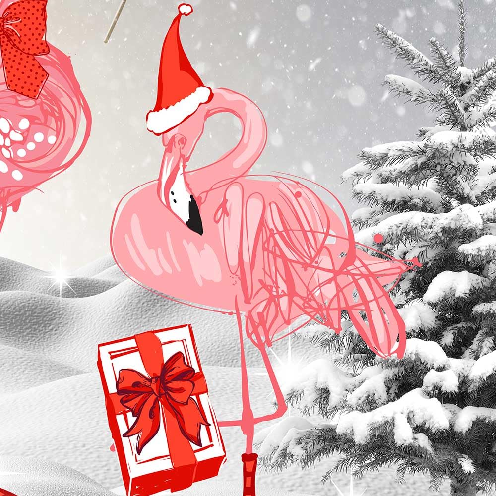 Christmas Flamingo Shower Curtain, Pink Flamingos Wear Santa Hat Funny Xmas Decor Shower Curtain for Bathroom, Winter Snowflake Waterproof Polyester Fabric Bath Curtain with Hooks, 72x72 inches