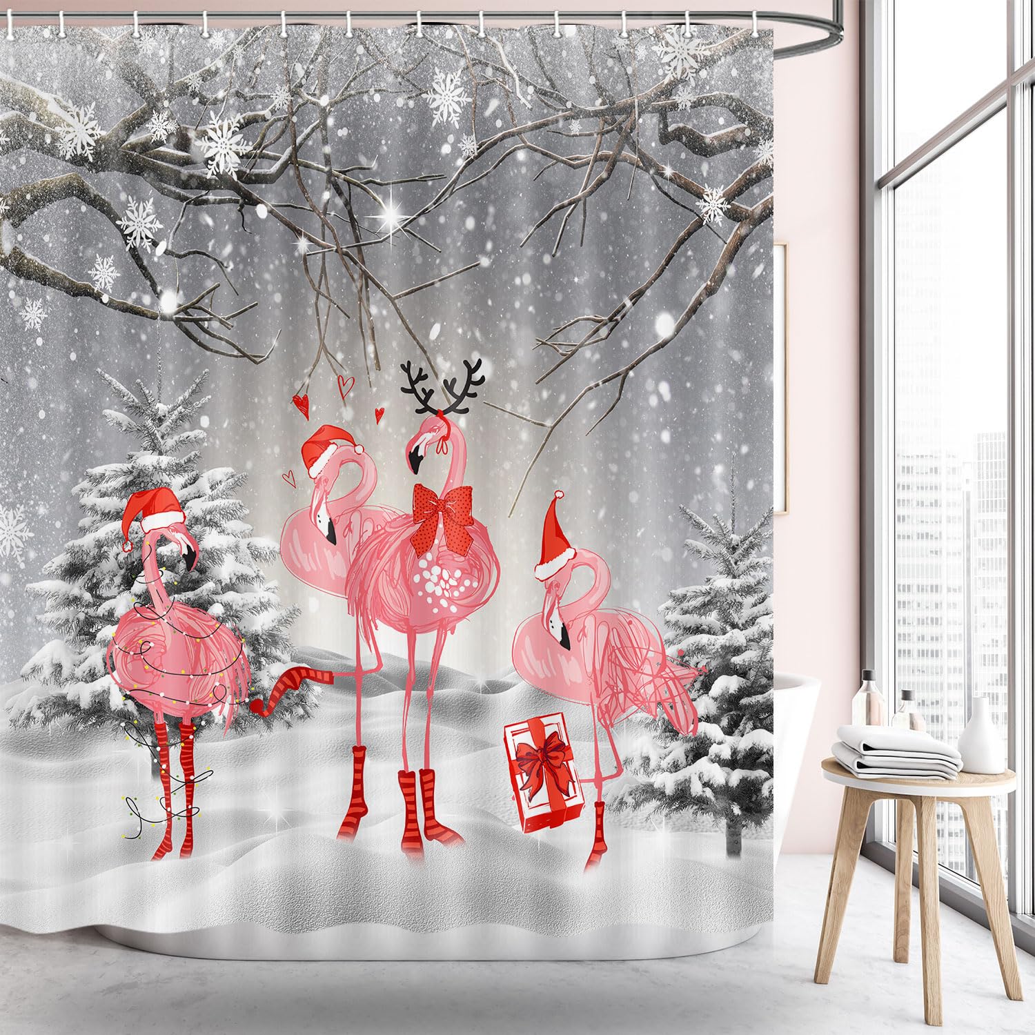 Christmas Flamingo Shower Curtain, Pink Flamingos Wear Santa Hat Funny Xmas Decor Shower Curtain for Bathroom, Winter Snowflake Waterproof Polyester Fabric Bath Curtain with Hooks, 72x72 inches