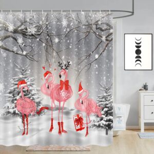 Christmas Flamingo Shower Curtain, Pink Flamingos Wear Santa Hat Funny Xmas Decor Shower Curtain for Bathroom, Winter Snowflake Waterproof Polyester Fabric Bath Curtain with Hooks, 72x72 inches