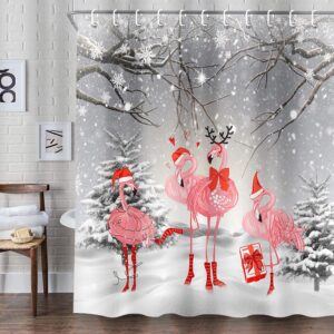 Christmas Flamingo Shower Curtain, Pink Flamingos Wear Santa Hat Funny Xmas Decor Shower Curtain for Bathroom, Winter Snowflake Waterproof Polyester Fabric Bath Curtain with Hooks, 72x72 inches