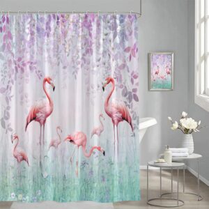 xnichohe pink flamingo shower curtain tropical jungle animal purple flower vine leaves fairytale magic fog forest polyester cloth fabric bathroom curtains decor set with hooks,70 x70 inches