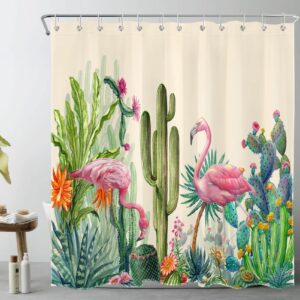 hvest cactus flamingo shower curtain for bathroom, tropical green succulent and pink flamingo on beige shower curtain with hooks, 72x72 inches sage green plant polyester fabric bathroom curtain