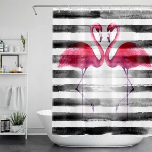 LB Cute Pink Flamingo Shower Curtain Black and White Striped Shower Curtain Set Simple Geometric Shower Curtains for Bathroom with Hooks,Waterproof Fabric 60x72inch