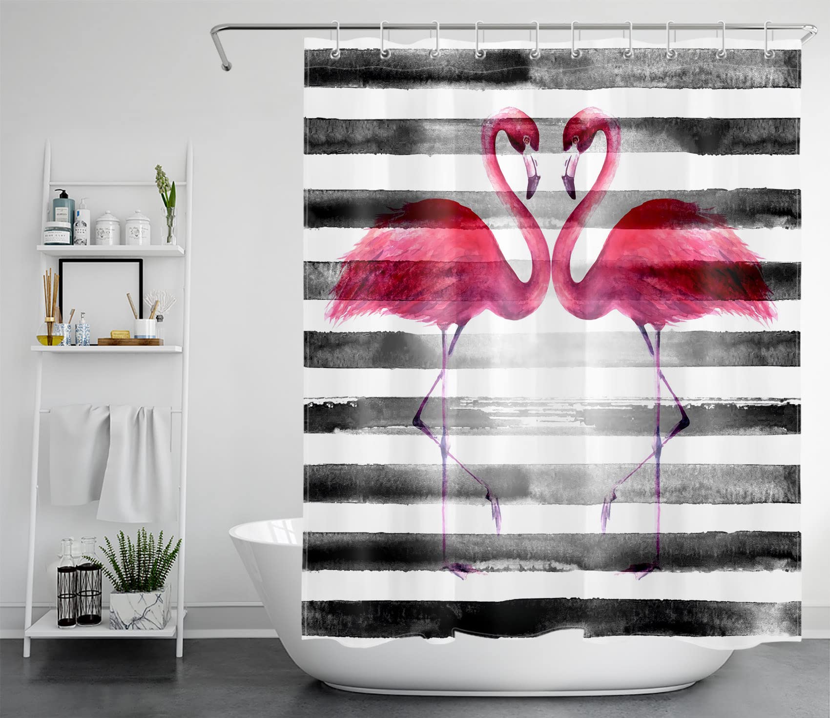 LB Cute Pink Flamingo Shower Curtain Black and White Striped Shower Curtain Set Simple Geometric Shower Curtains for Bathroom with Hooks,Waterproof Fabric 60x72inch