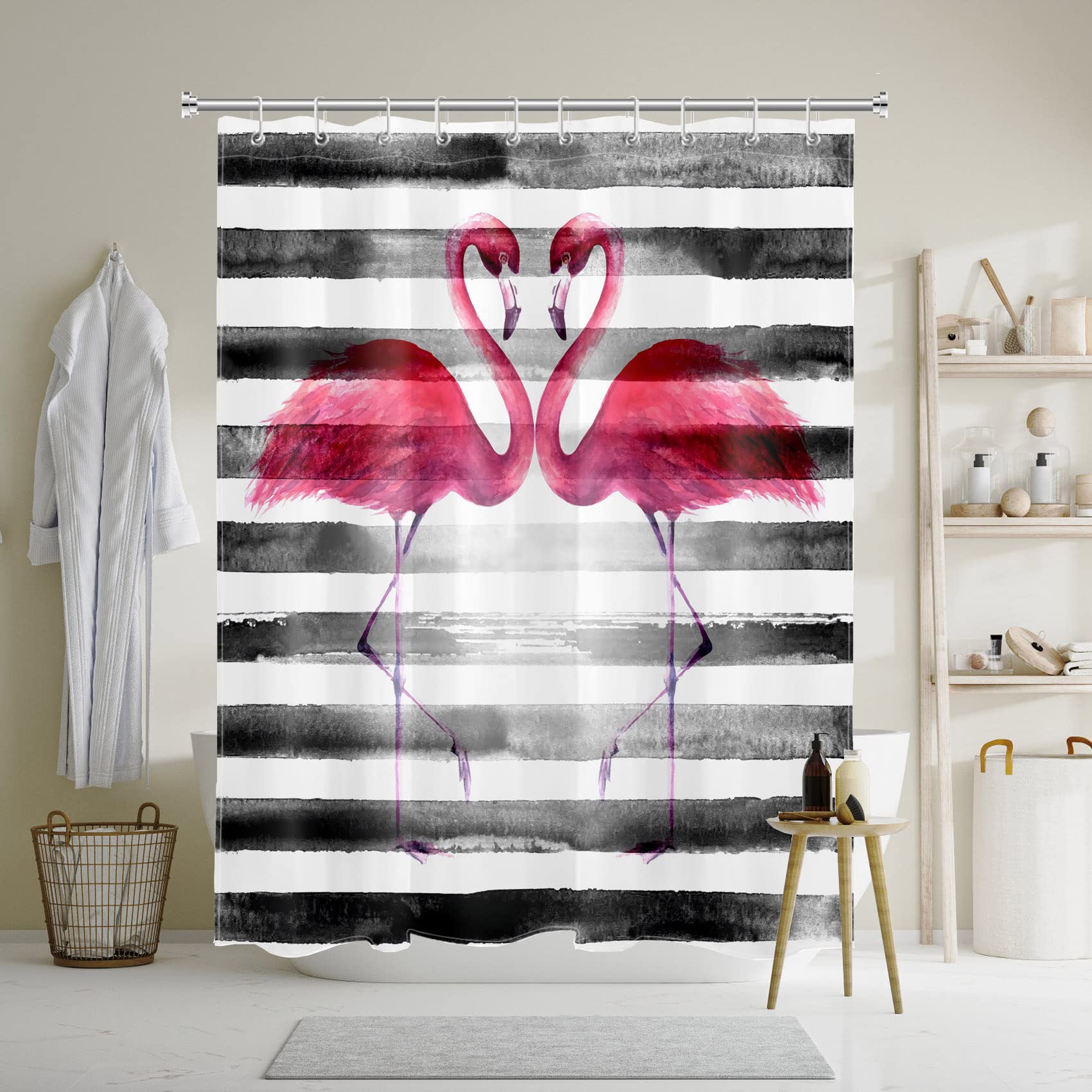 LB Cute Pink Flamingo Shower Curtain Black and White Striped Shower Curtain Set Simple Geometric Shower Curtains for Bathroom with Hooks,Waterproof Fabric 60x72inch