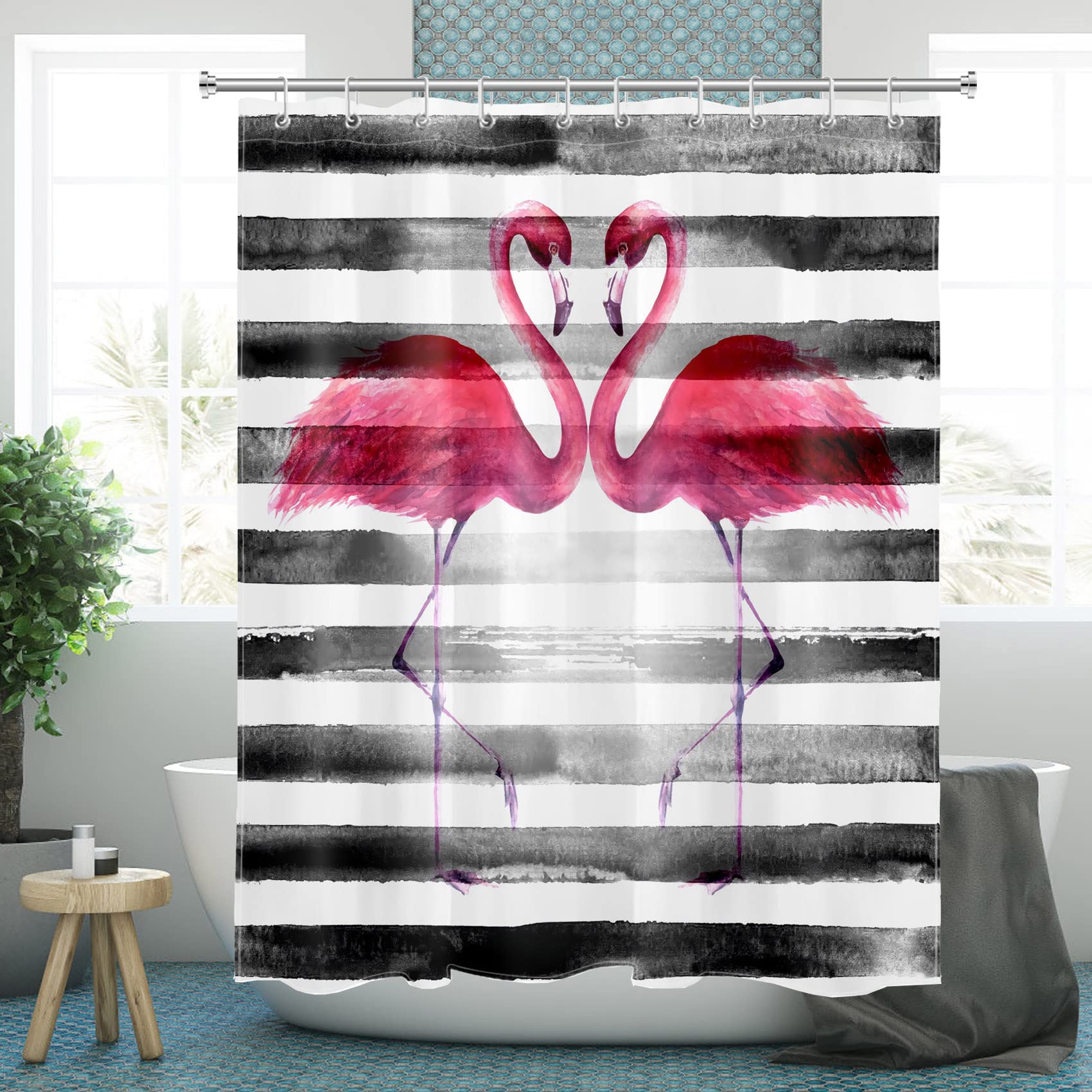 LB Cute Pink Flamingo Shower Curtain Black and White Striped Shower Curtain Set Simple Geometric Shower Curtains for Bathroom with Hooks,Waterproof Fabric 60x72inch