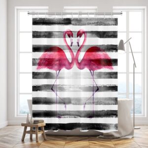 LB Cute Pink Flamingo Shower Curtain Black and White Striped Shower Curtain Set Simple Geometric Shower Curtains for Bathroom with Hooks,Waterproof Fabric 60x72inch